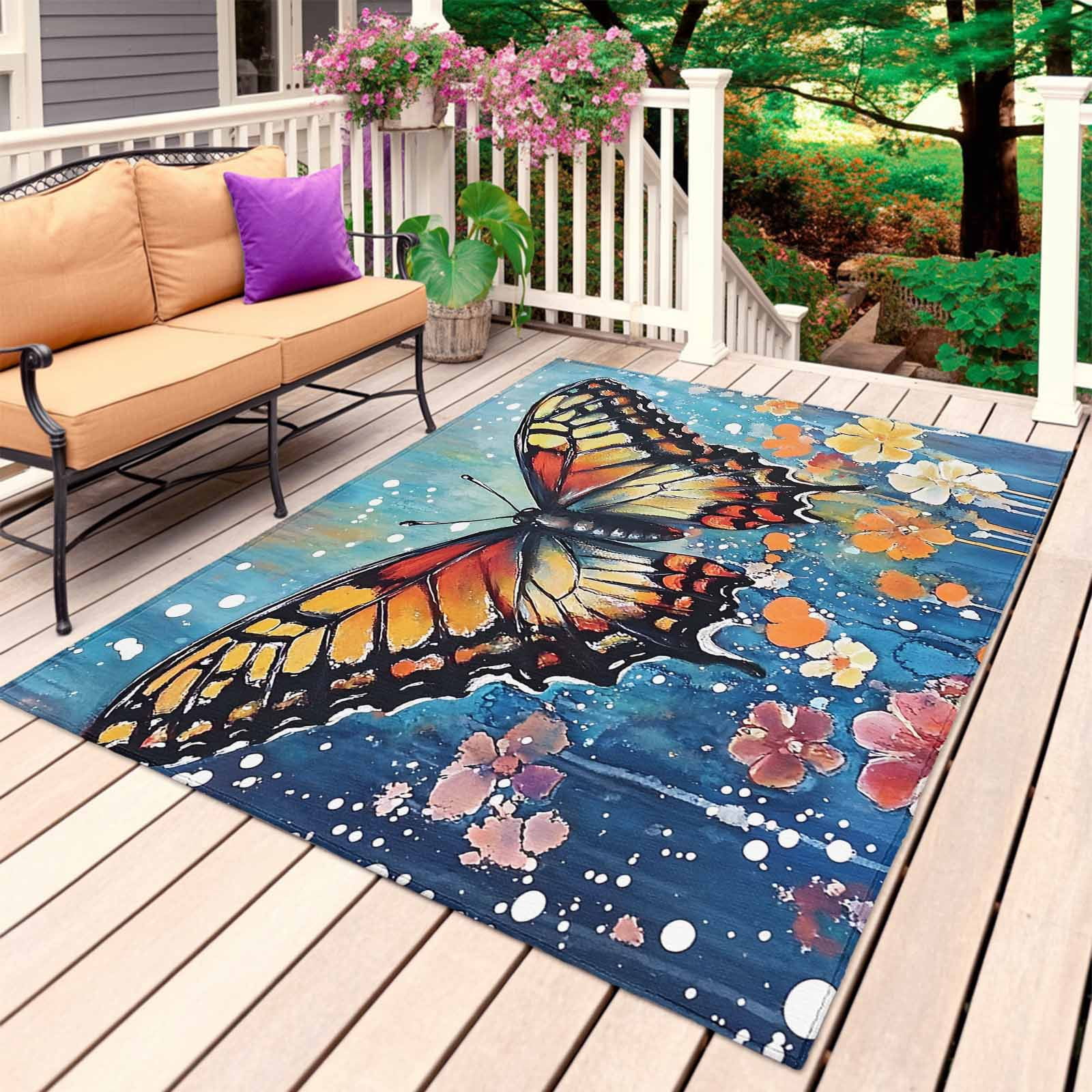 Butterfly Flower Blue Outdoor Rug 3x5 Ft, Non Slip Washable Area Rug ...