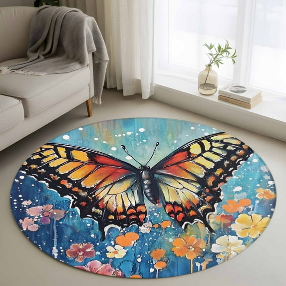 Butterfly Flower Blue Round Rug 3ft Washable Circle Entryway Rugs Non ...