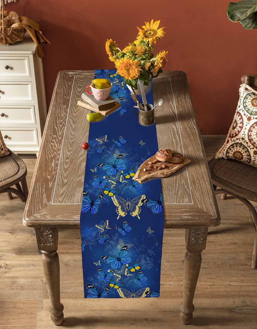 Butterfly Flower Blue Table Runner Cotton Linen Wedding Table r ...