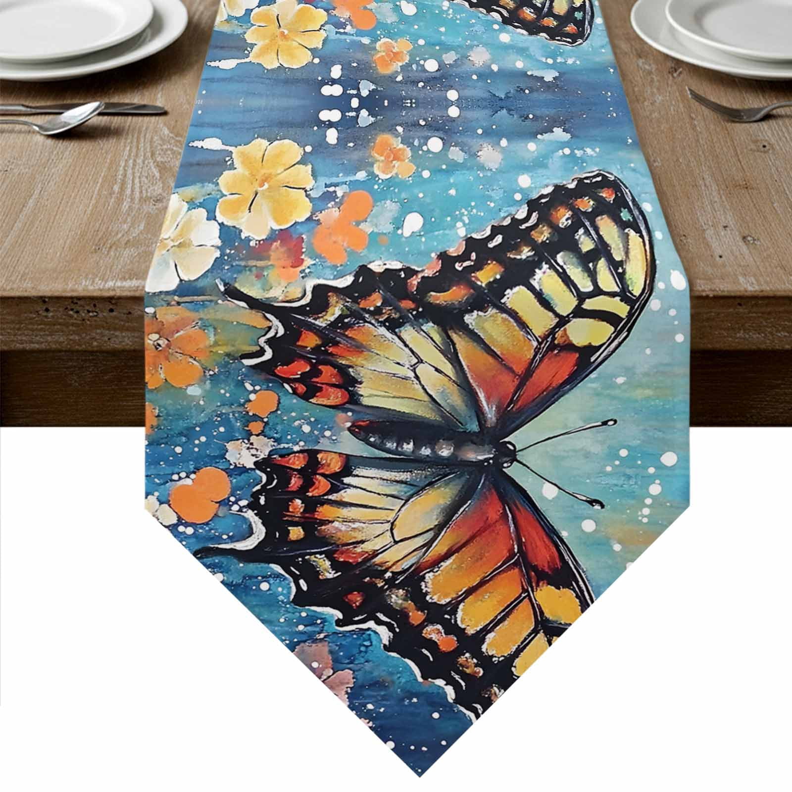 Butterfly Flower Blue Table Runner Linen Burlap Table Runner 72 Inches ...