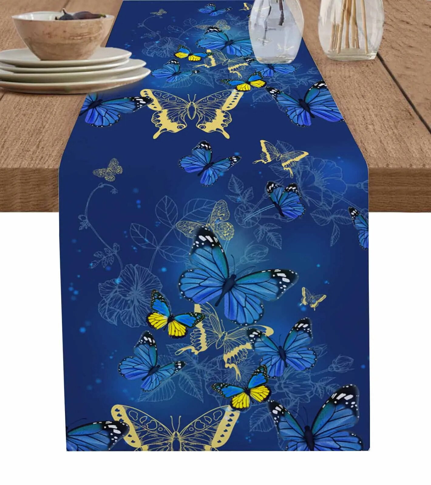 Butterfly Flower Blue Table Runner Wedding r Table Runner Home Dining ...