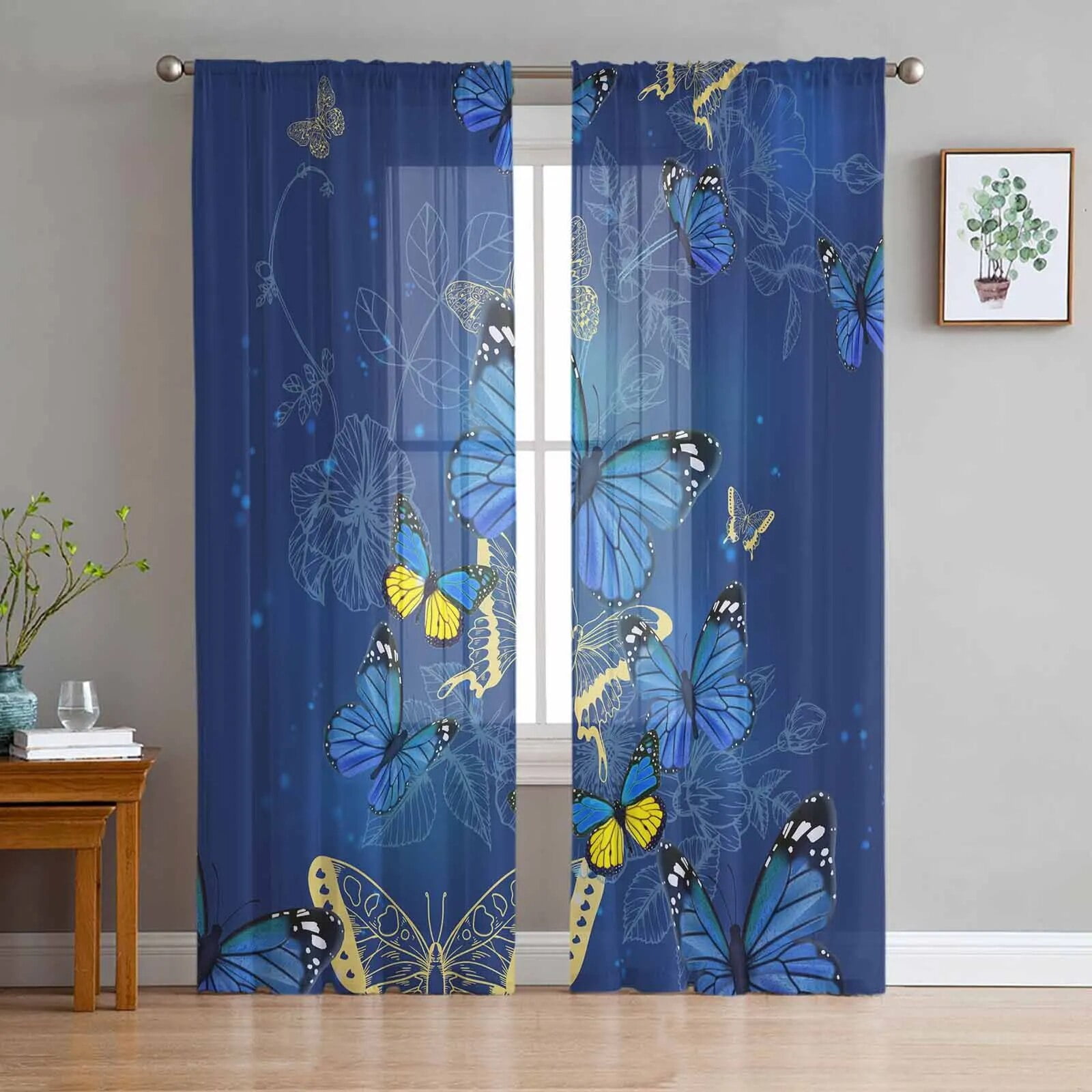 Butterfly Flower Blue Tulle Curtain for Living Room Bedroom Window ...