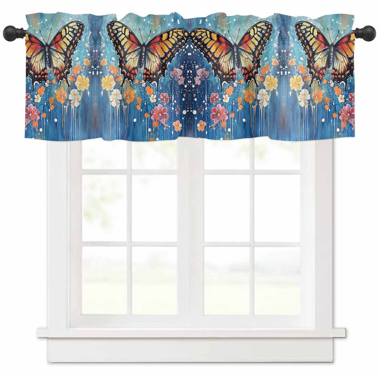 Butterfly Flower Blue Valances for Windows Farmhouse Kitchen Curtains ...