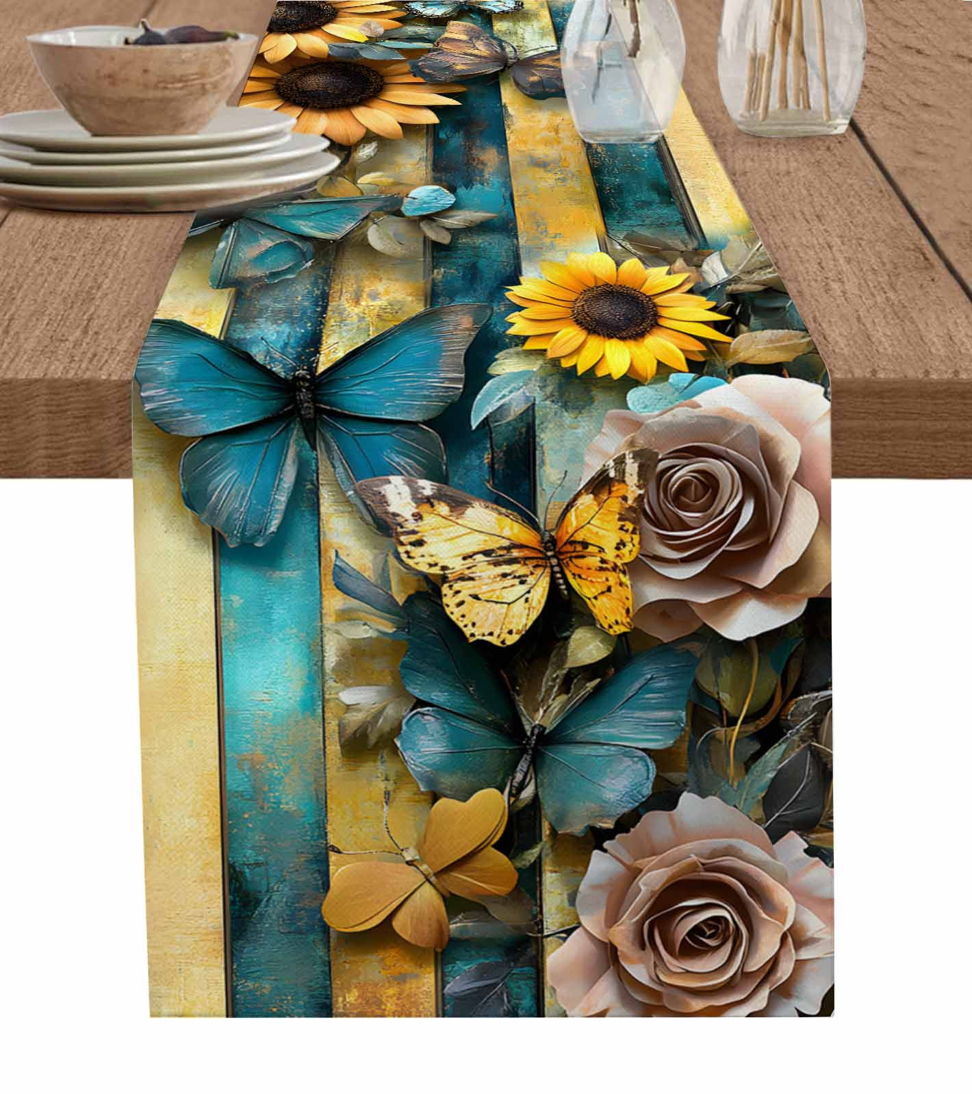 Butterfly Flower Burlap Cotton Table Runner 13x48 Inches Long, Yellow ...