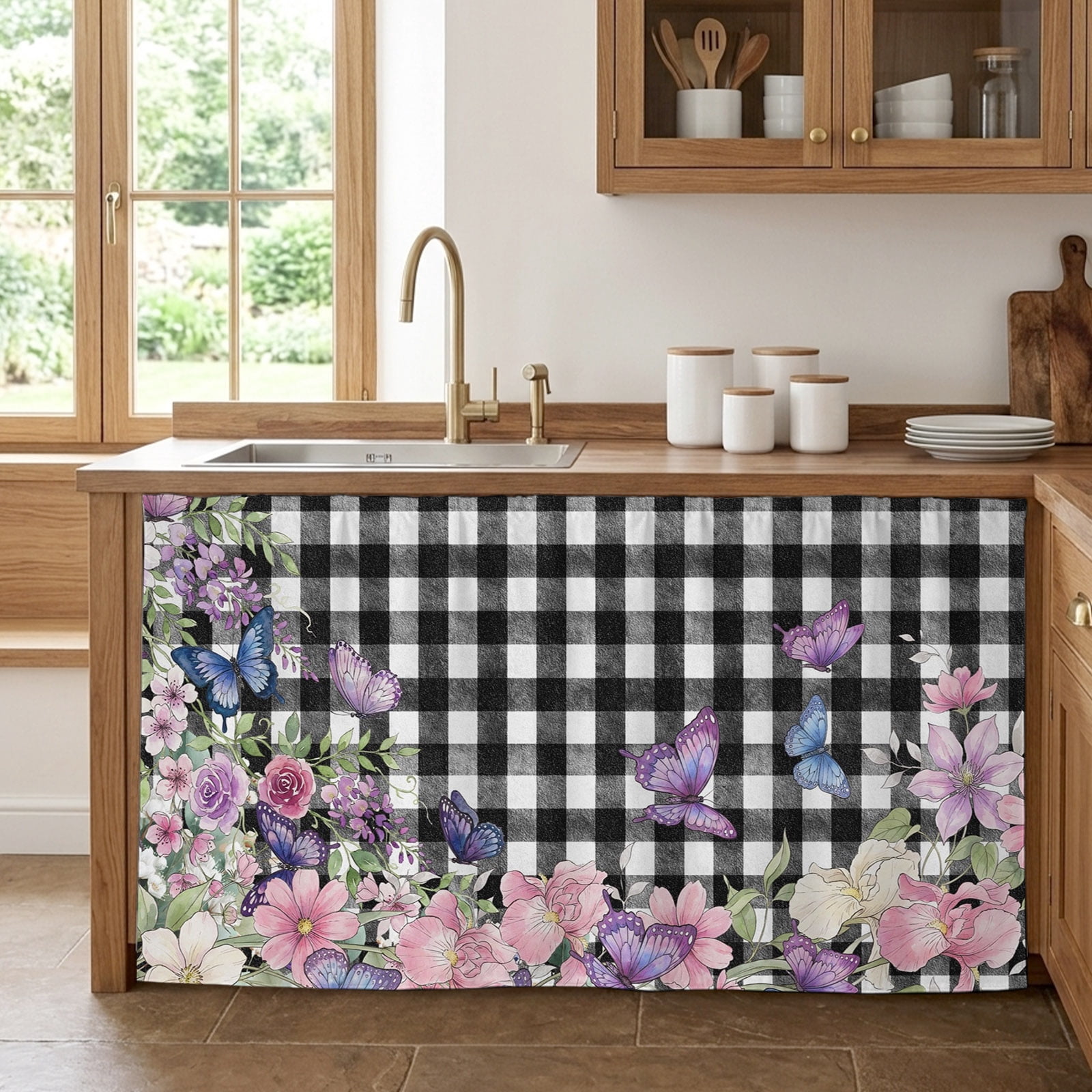 Butterfly Flower Cabinet Curtains 32" W x 55" L, Watercolor Pink Rose ...