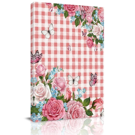 Butterfly Flower Canvas Wall Art for Living Room, Watercolor Pink Rose ...
