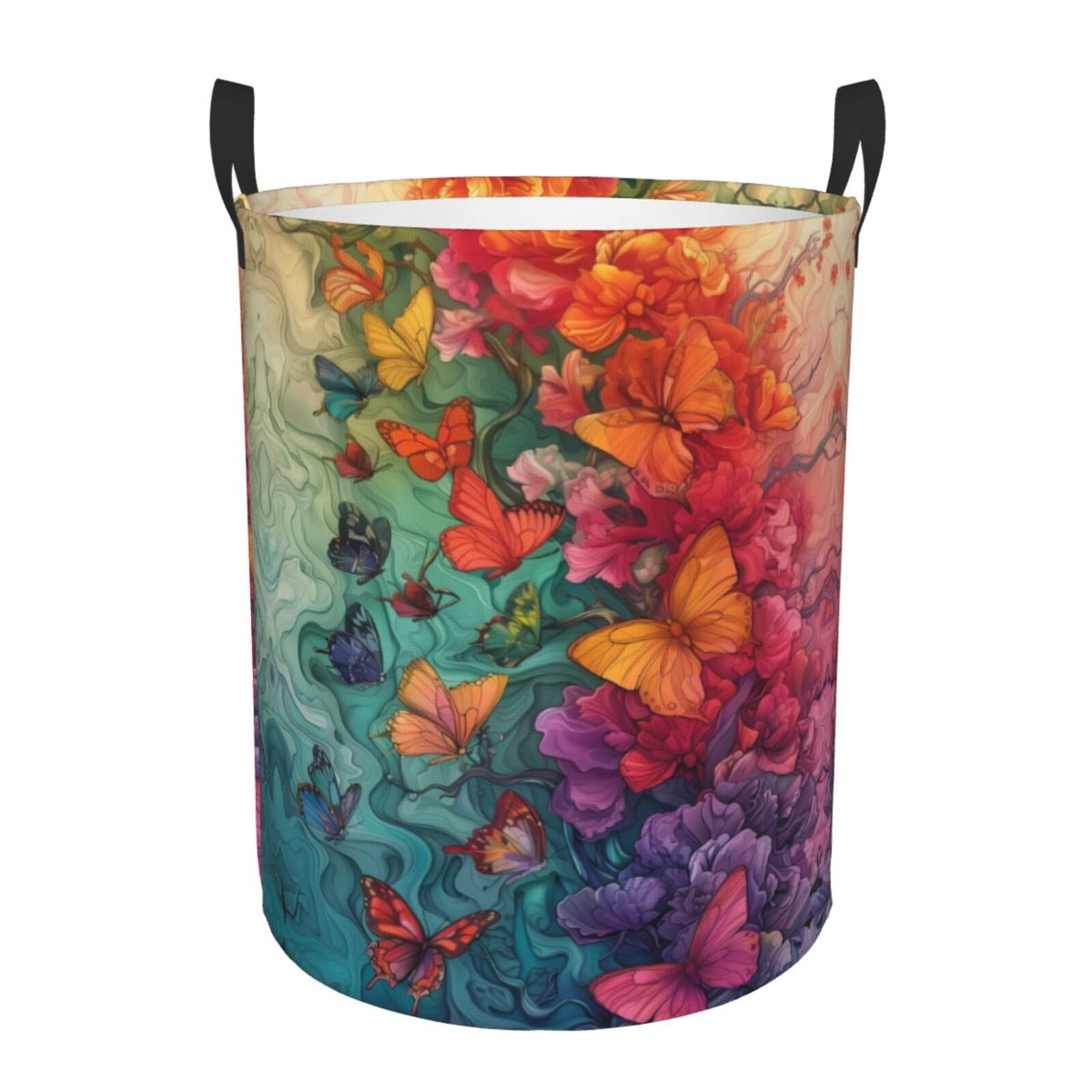 Butterfly Flower Cascade Laundry Basket with Handles - Freestanding ...