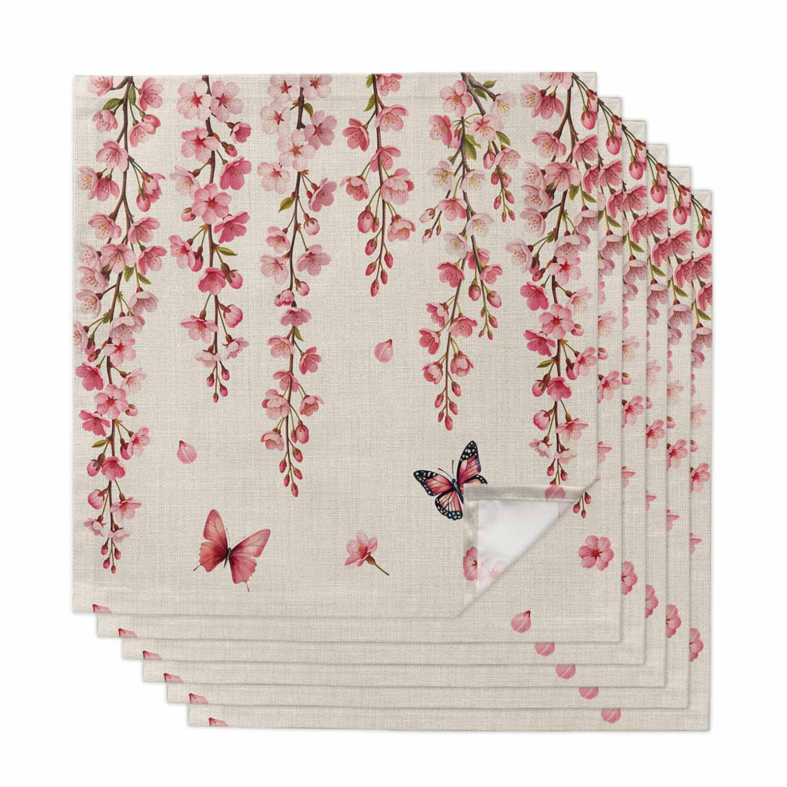 Butterfly Flower Cloth Napkins, Farmhouse Country Pink Floral on Linen ...