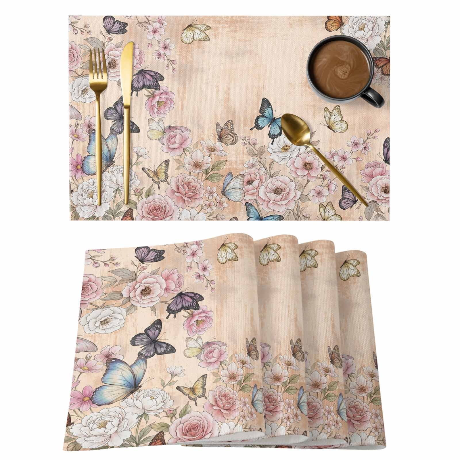 Butterfly Flower Cotton Linen Placemats Set of 1, Vintage Pink Rose ...