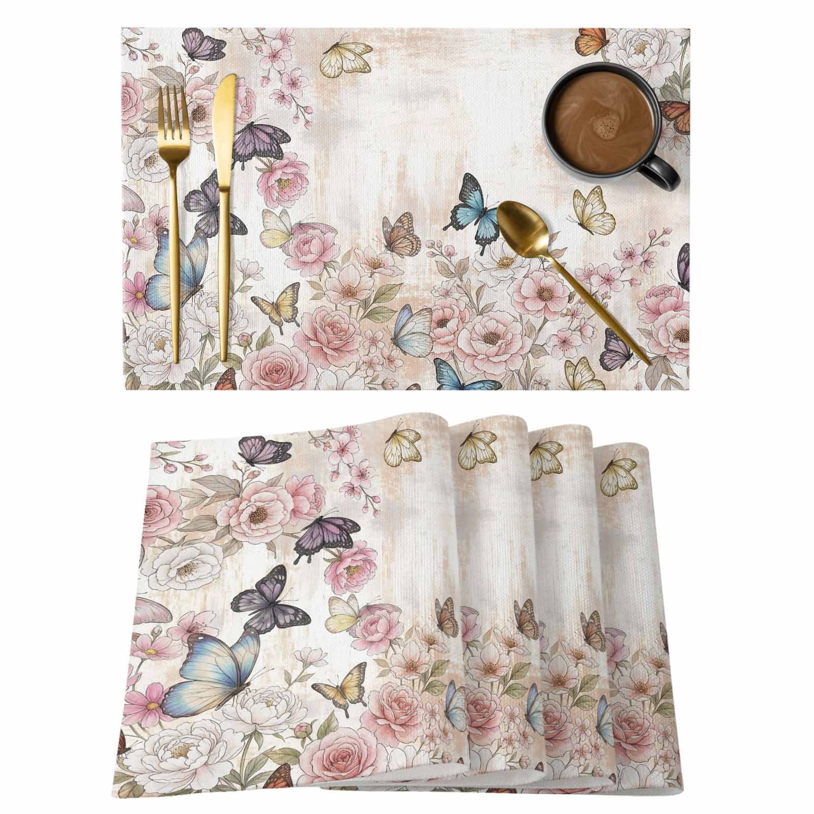 Butterfly Flower Cotton Linen Placemats Set of 6, Watercolor Light Pink ...