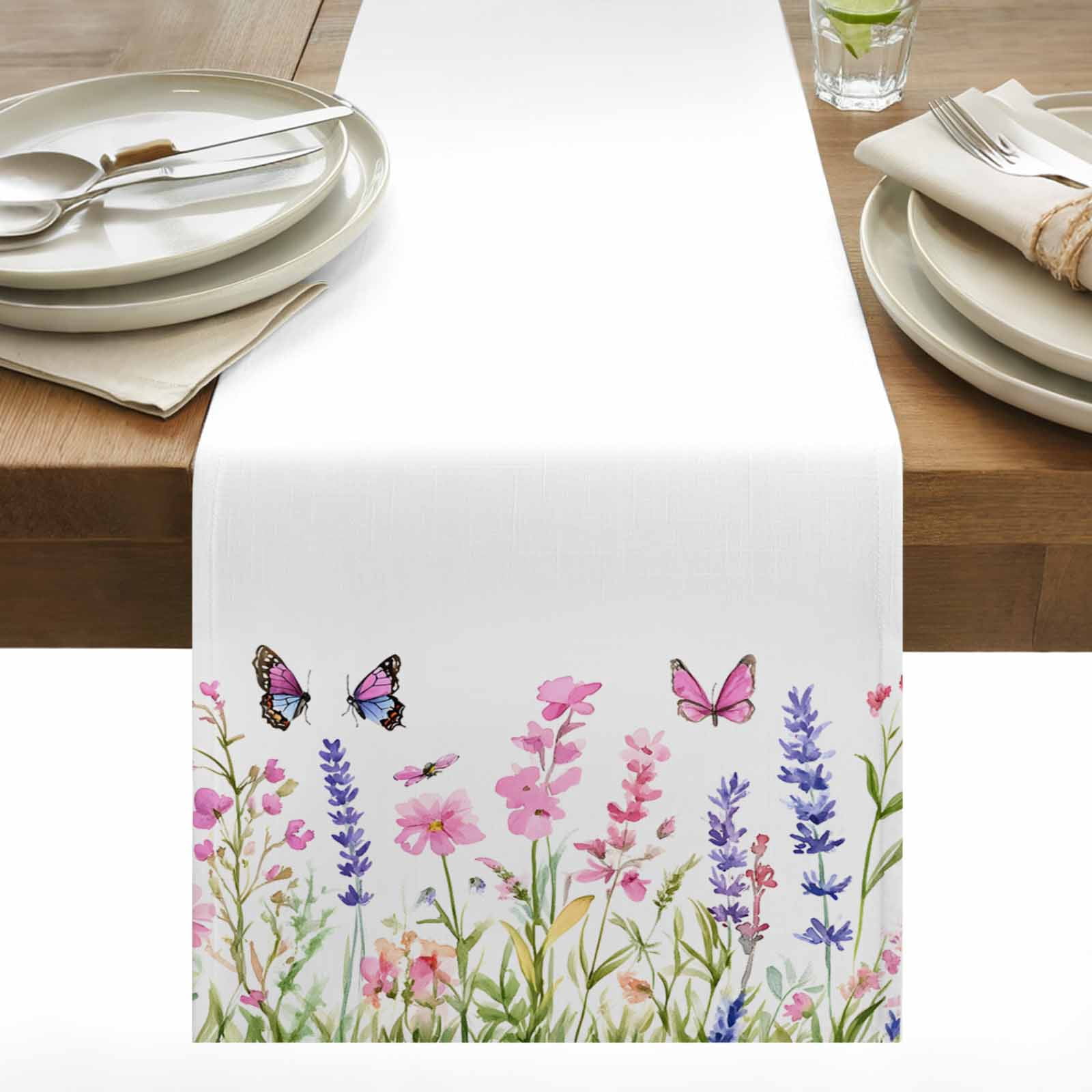 Butterfly Flower Cotton Linen Table Runner Spring Pink Purple Lavender ...
