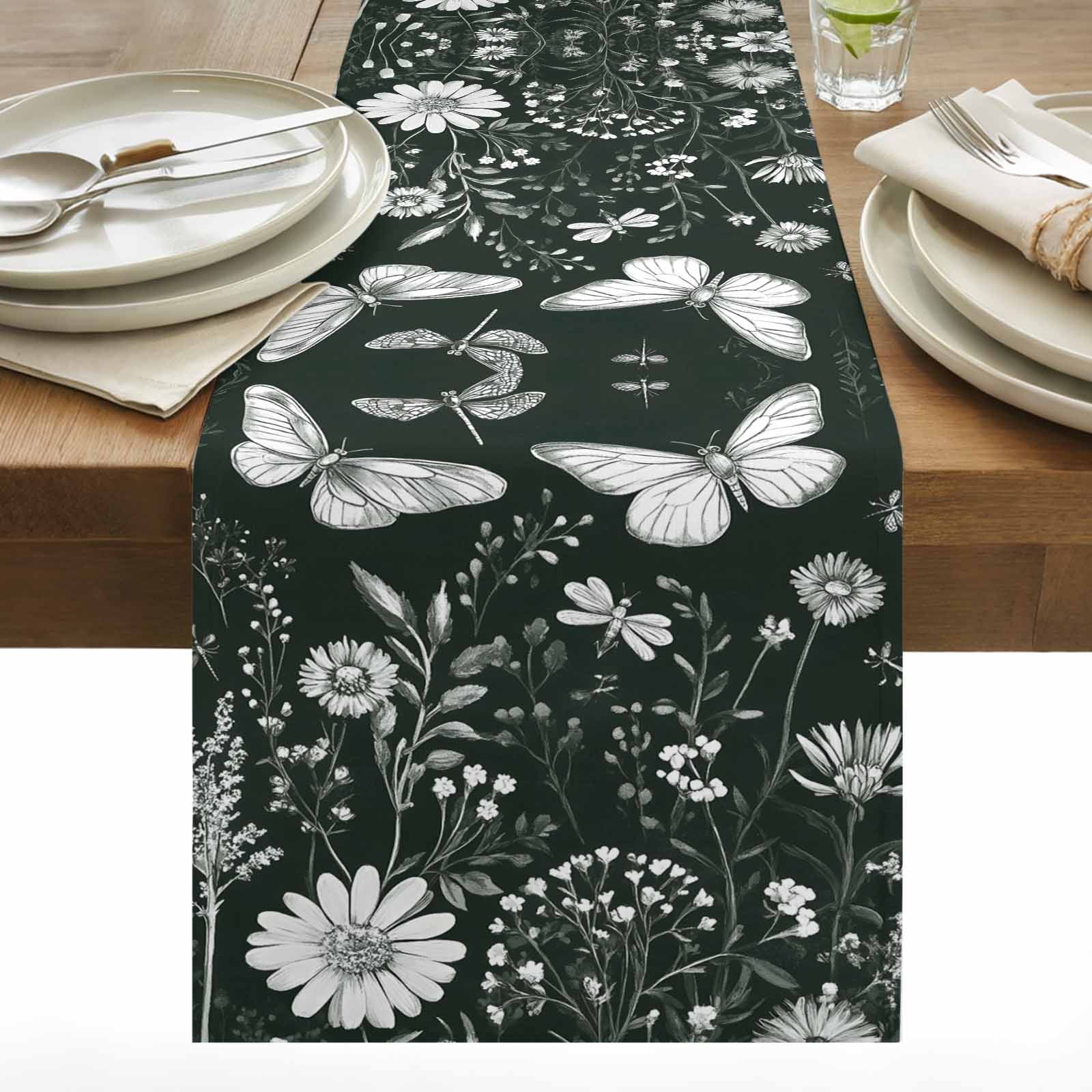 Butterfly Flower Cotton Linen Table Runner Spring White Daisy Floral ...