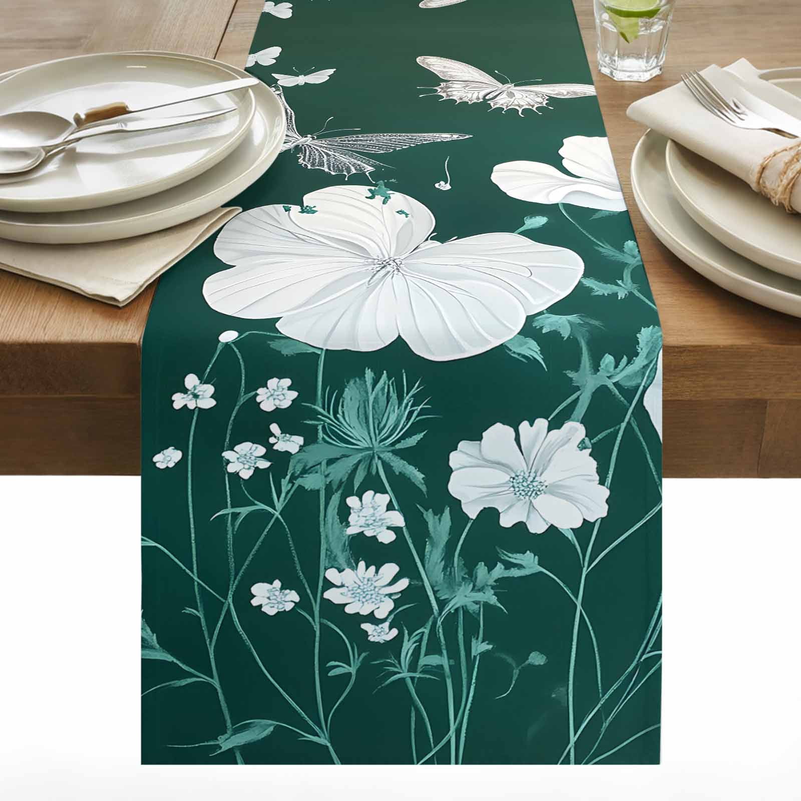 Butterfly Flower Cotton Linen Table Runner Spring White Floral Green ...