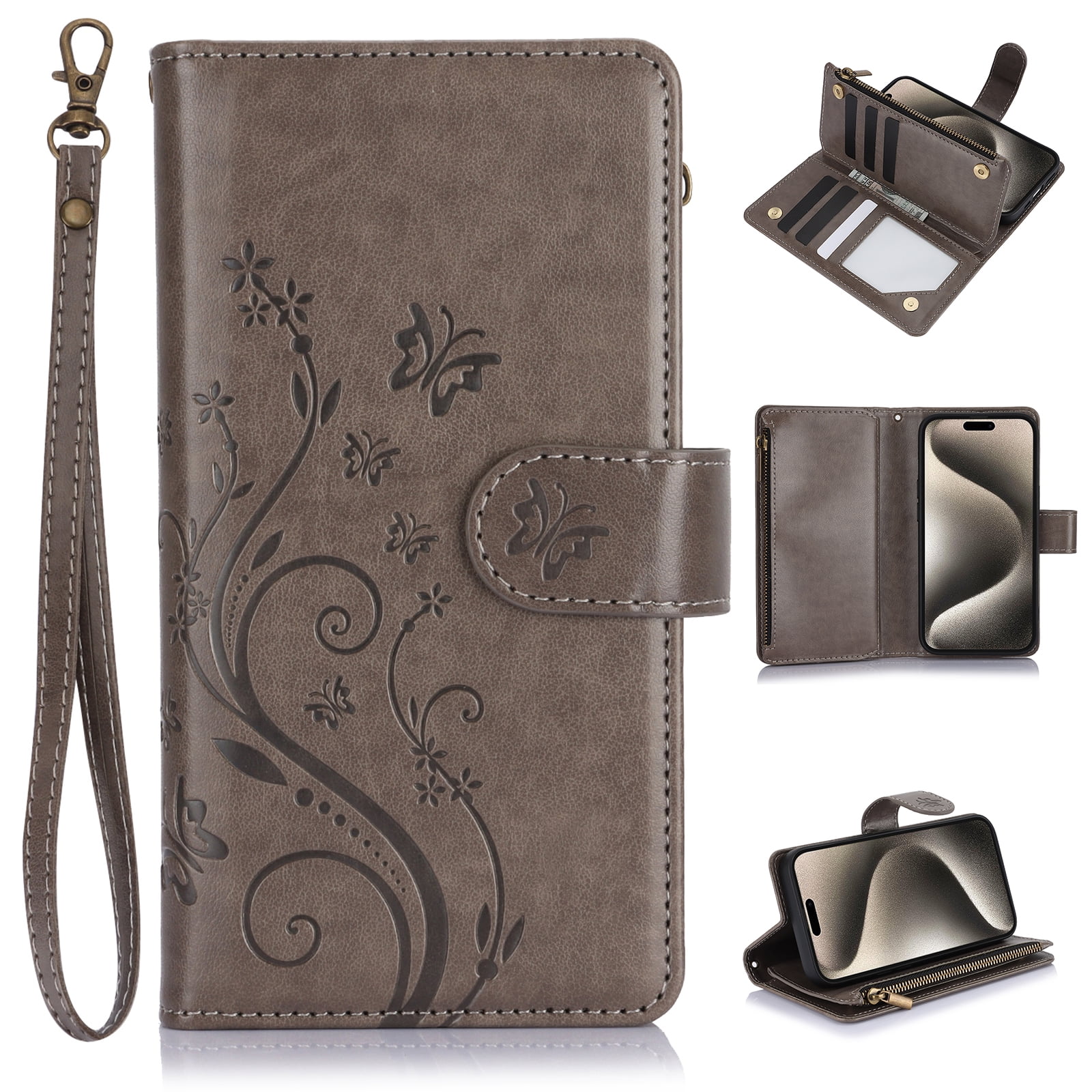 Butterfly Flower Embossed Wallet Case for iPhone 17 Pro Max, PU Leather ...