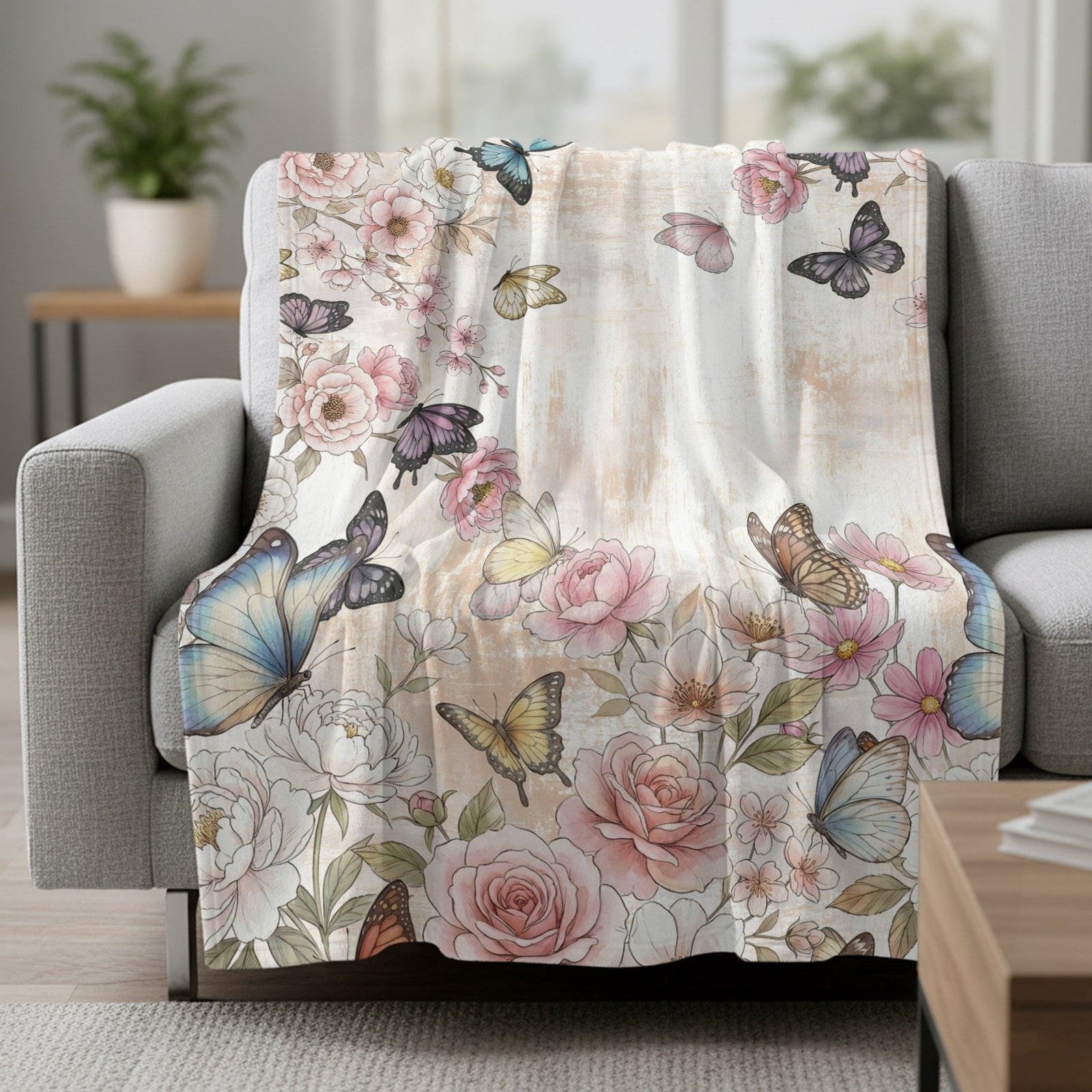 Butterfly Flower Fleece Throw Blanket Watercolor Light Pink Rose Floral ...