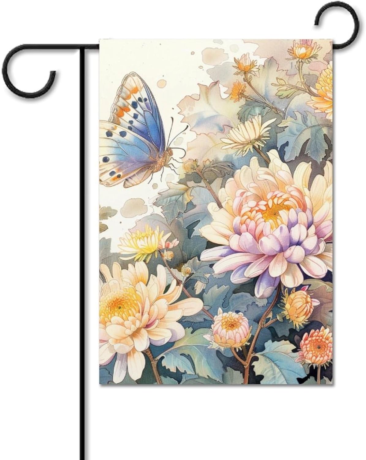 Butterfly Flower Garden Flags Watercolor Chrysanthemum Flag Double ...