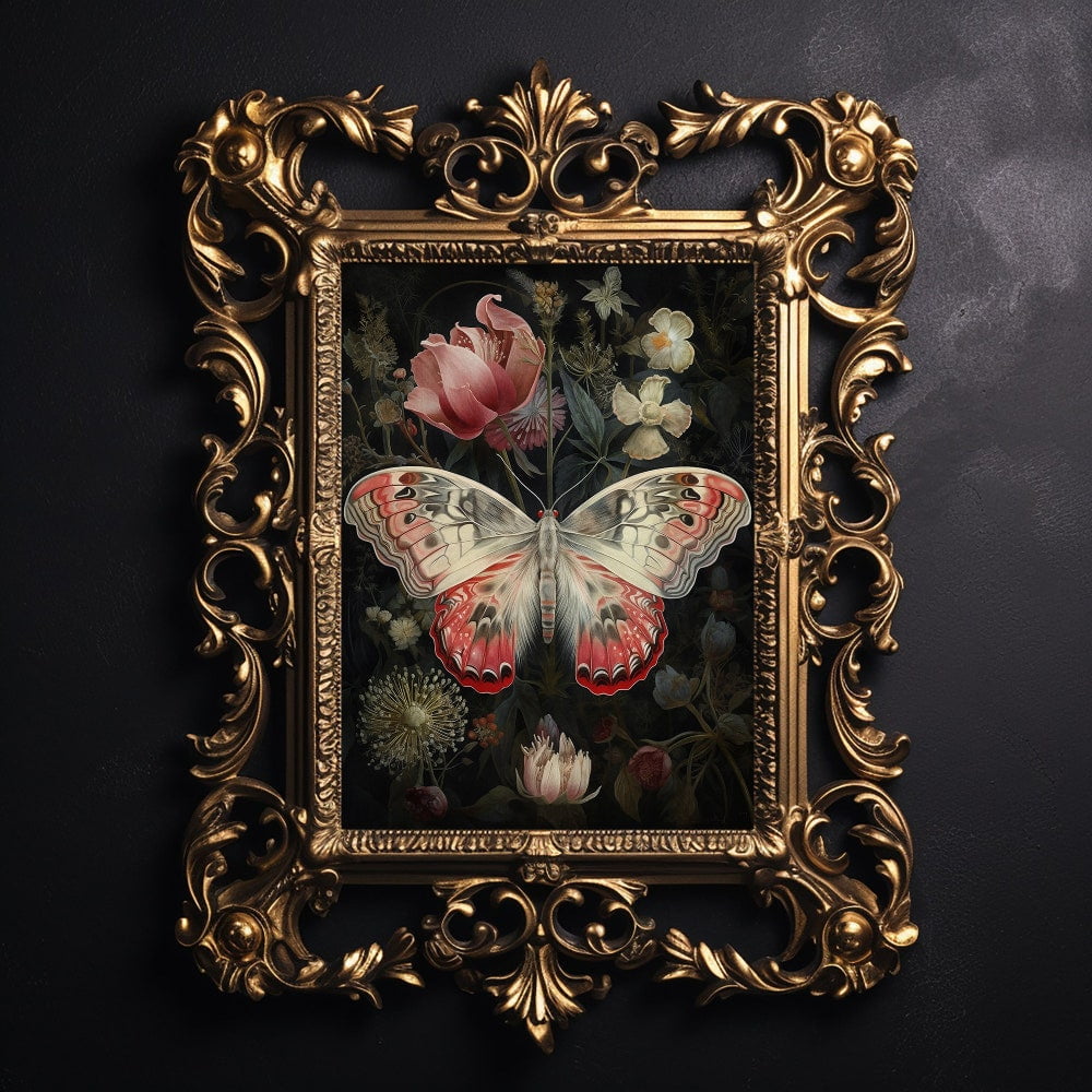 Butterfly In Flower Garden, Moody Beige Pink Moth Print, Botanical ...