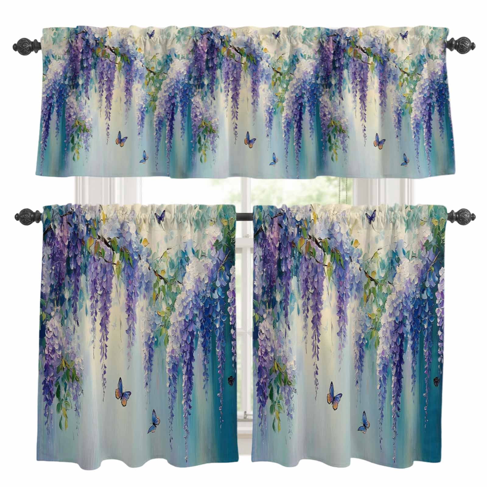Butterfly Flower Kitchen Curtains and Valances Set, Purple Floral ...