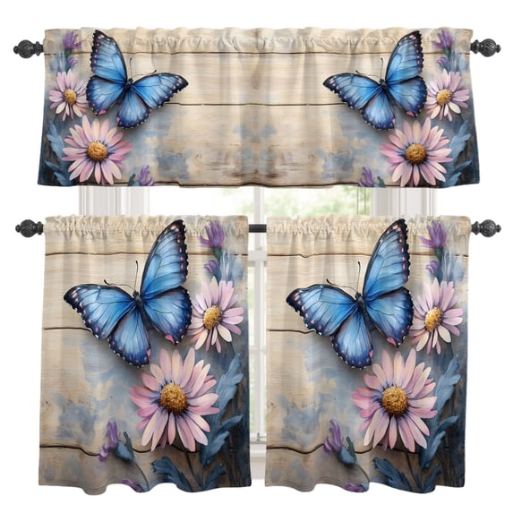 Butterfly Flower Kitchen Curtains and Valances Set, Wood Grain Rod ...