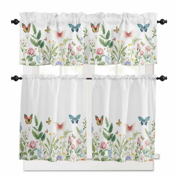 Butterfly Flower Kitchen Curtains Valances and Tiers Set of 3 Spring ...