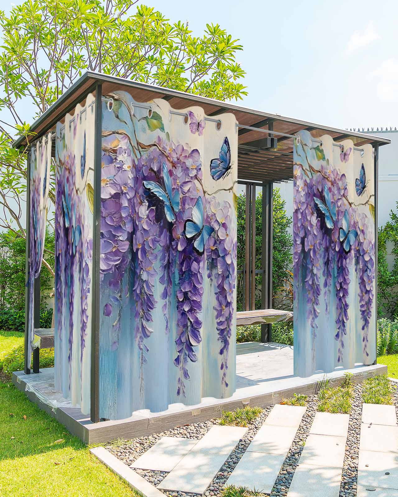Butterfly Flower Outdoor Curtains for Patio, Purple Floral Spring Vine ...
