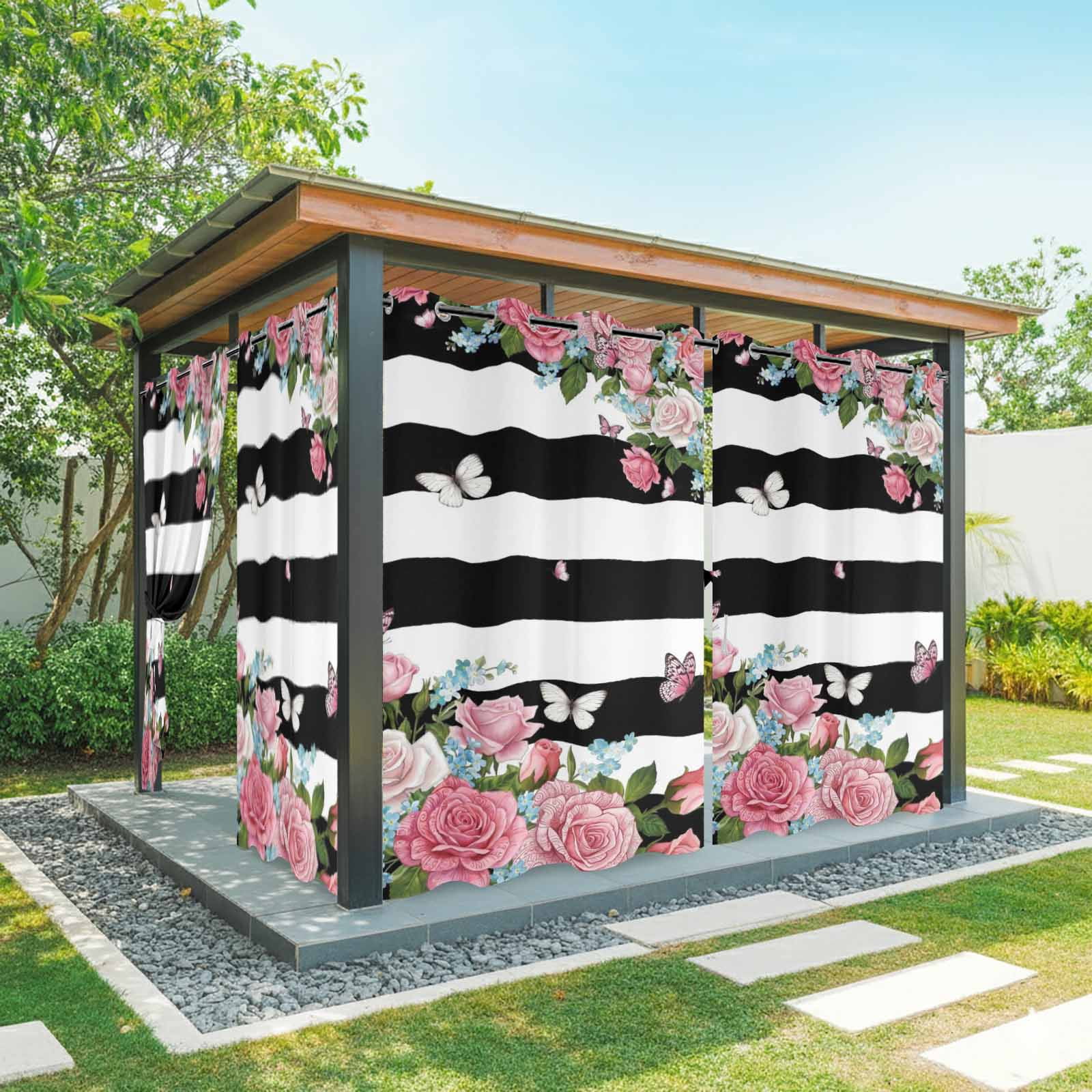 Butterfly Flower Outdoor Curtains for Patio, Watercolor Pink Rose ...