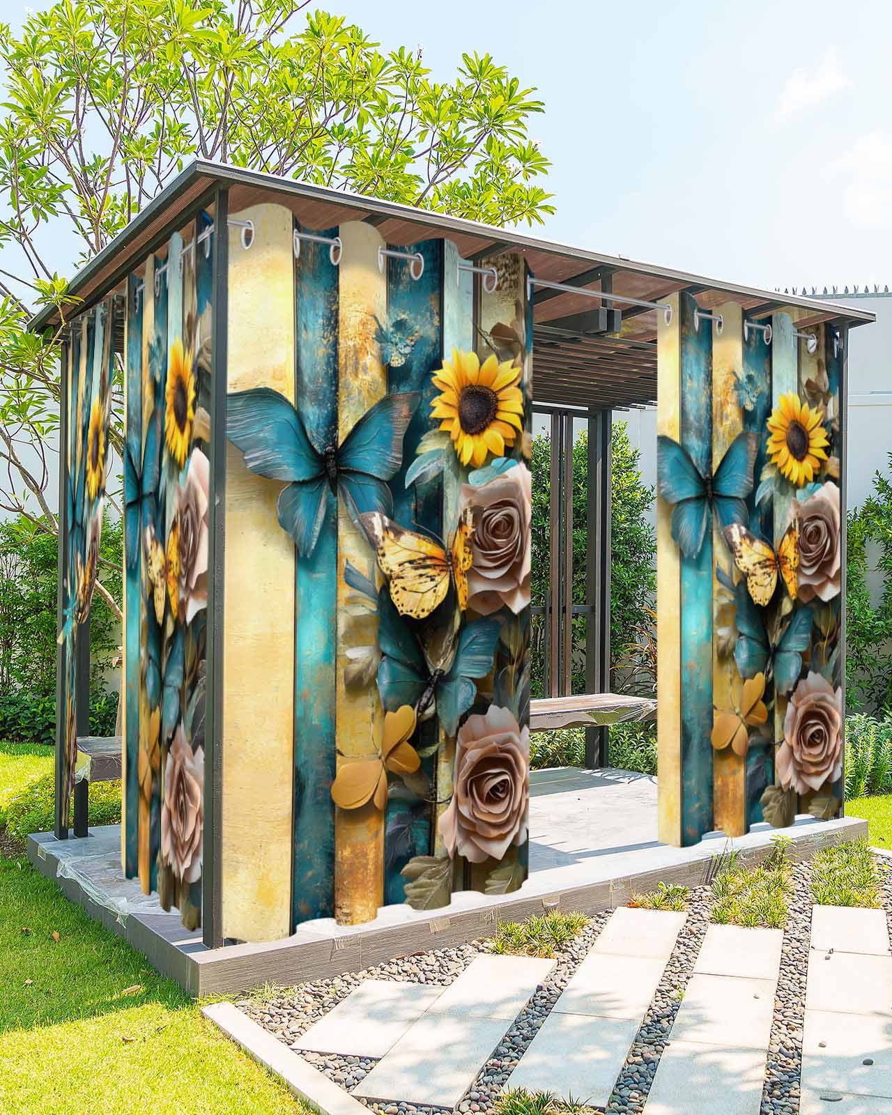 Butterfly Flower Outdoor Curtains for Patio, Yellow Teal Vertical ...