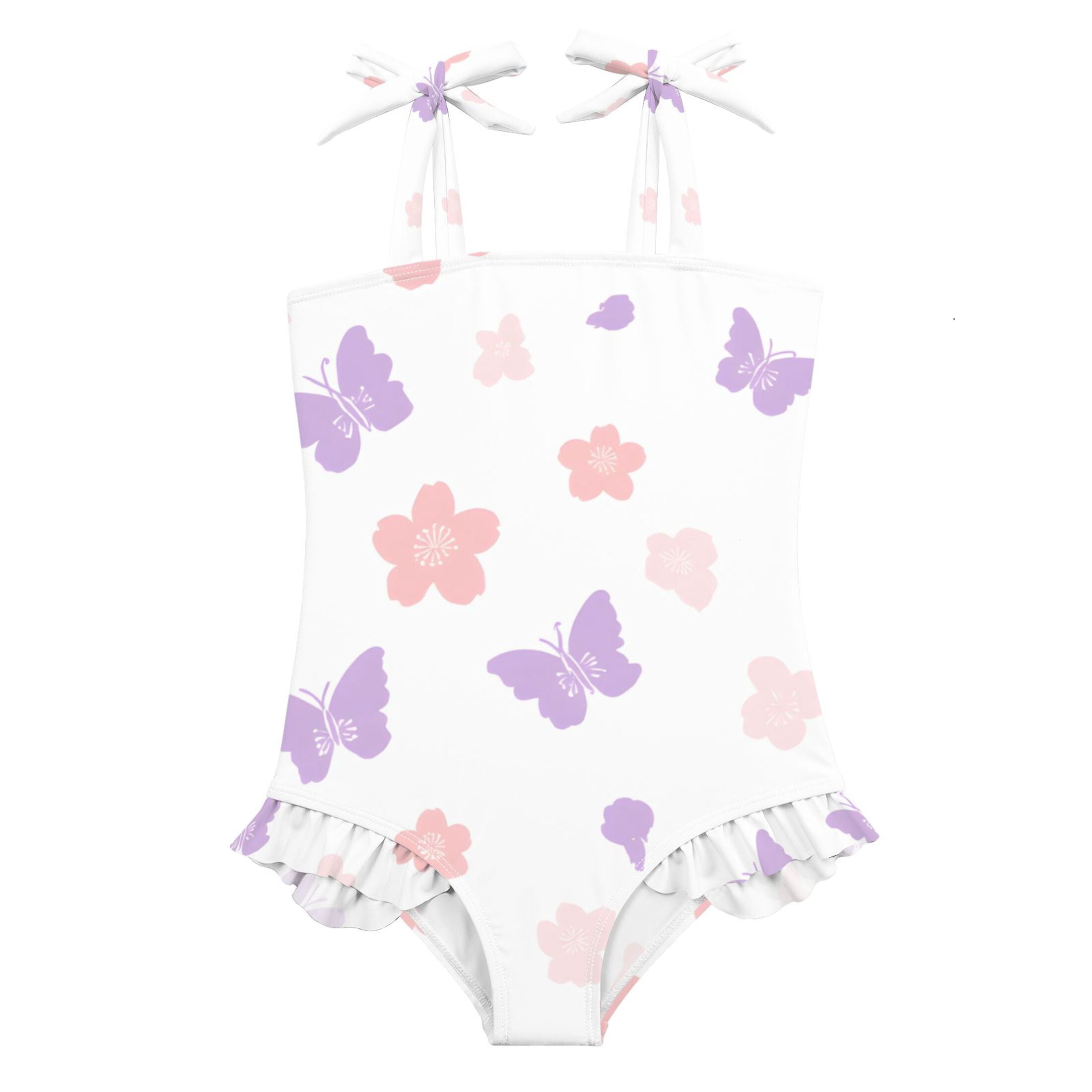 Butterfly Flower Pattern Girls' One-Piece Swimsuit Bowknot Tie Shoulder ...