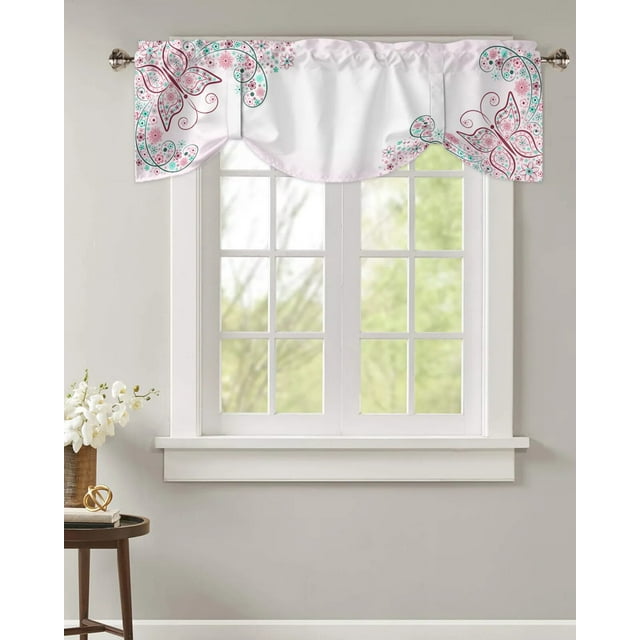 Butterfly Flower Pink Small Curtain Rod Pocket Short Curtains Home ...