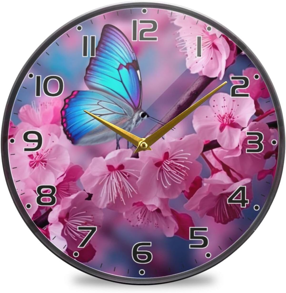 Butterfly Flower Pink Wall Clock Round Silent Non Ticking Battery ...