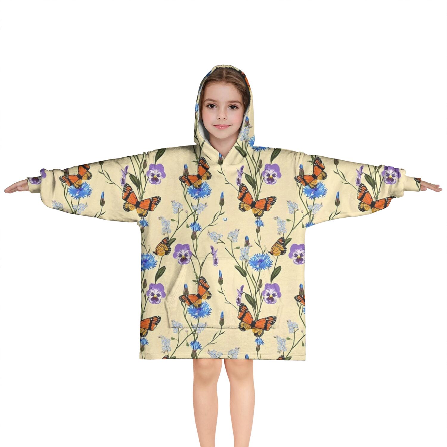 Butterfly Flower Plant Pattern Blanket Hoodies for Kids 6-13YR Oversize ...