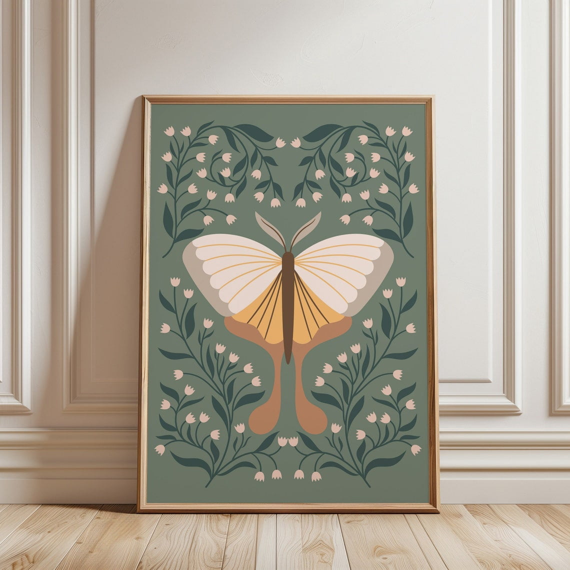 Butterfly Flower Poster Sage Green Floral Wall Art Poster Decor For ...