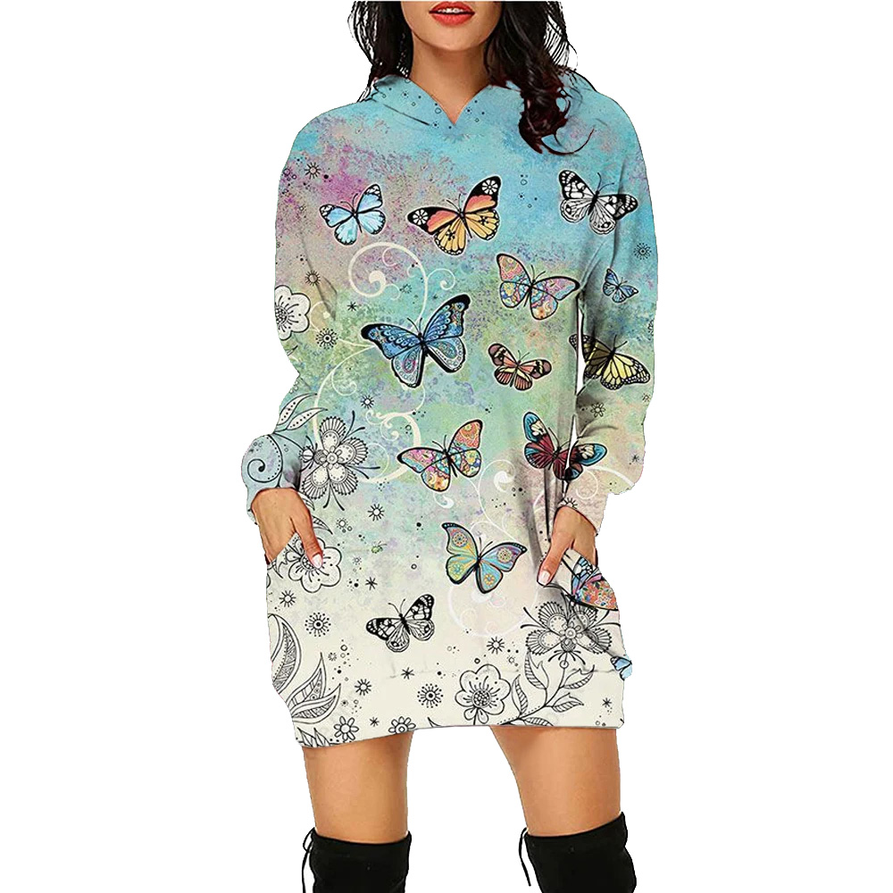 Butterfly Flower Printed Hoodie Dress Women's Floral Top Workout ...