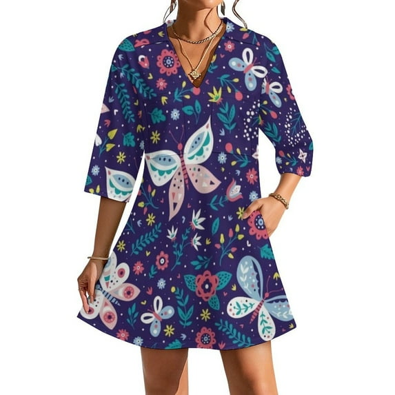 Butterfly Flower Purple Womens Dress With Pockets Summer V Neck 3/4 ...