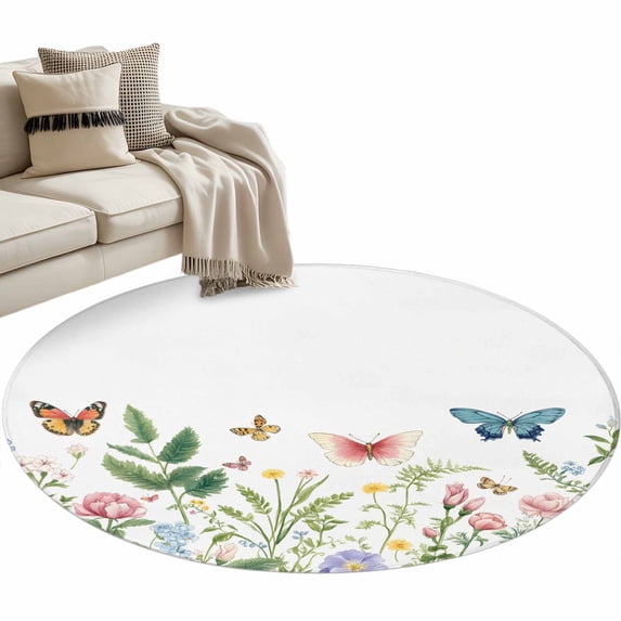 Butterfly Flower Round Area Rug 4ft Spring Floral Retro Non-Slip ...