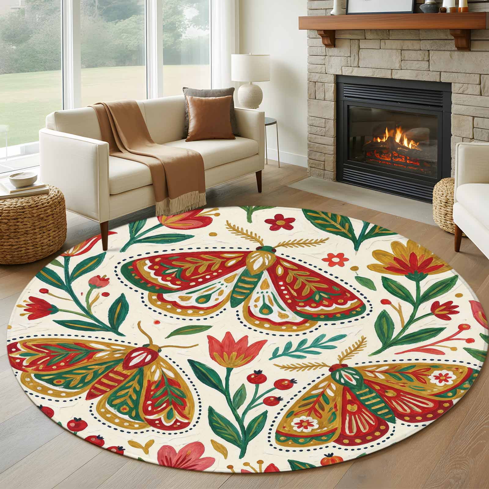 Butterfly Flower Round Rug 6ft Washable Circle Kitchen Rugs Non Slip ...
