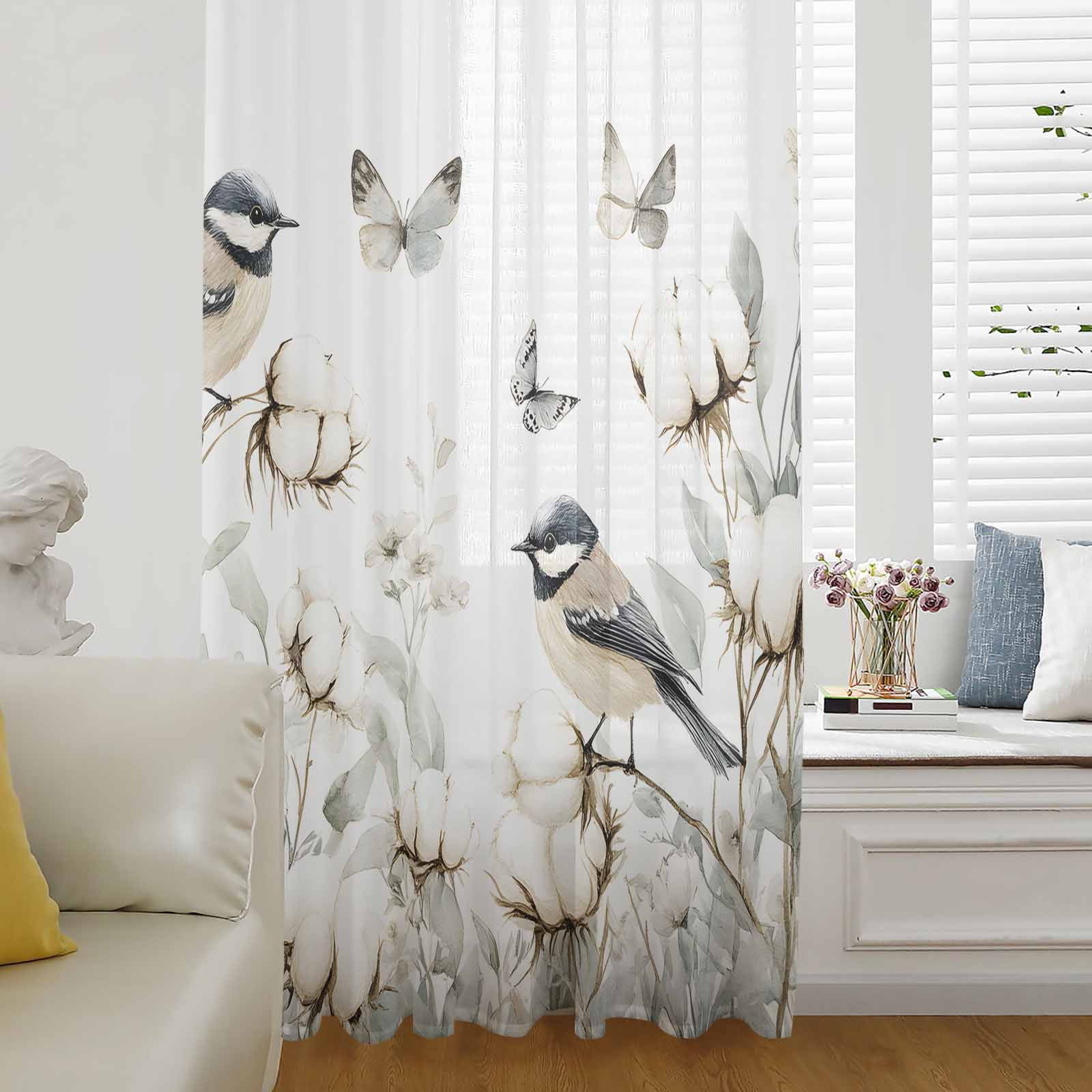 Butterfly Flower Semi Sheer Curtains Drapes for Living Room, Bedroom ...
