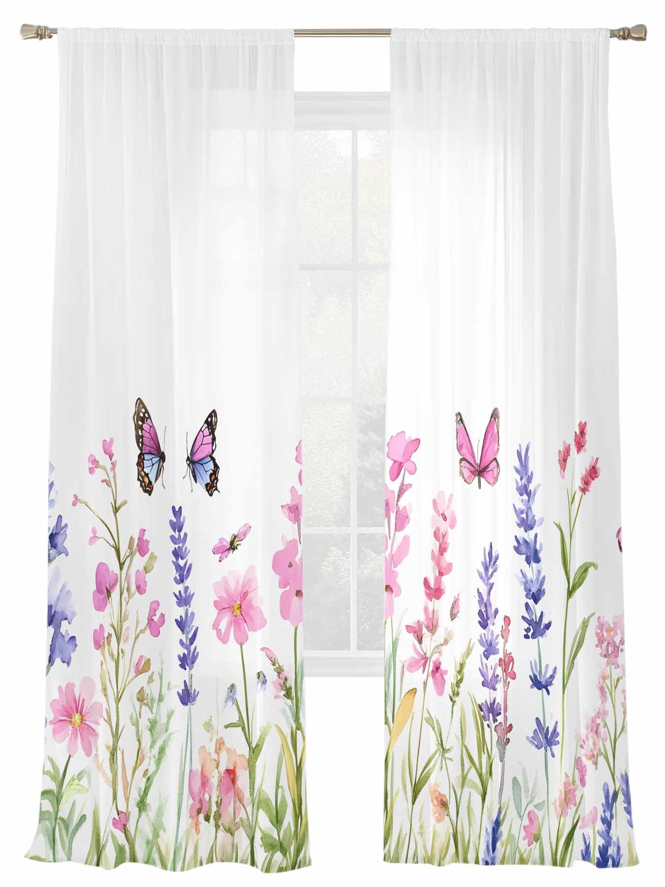 Butterfly Flower Sheer Curtains 2 Panels Set Spring Pink Purple ...