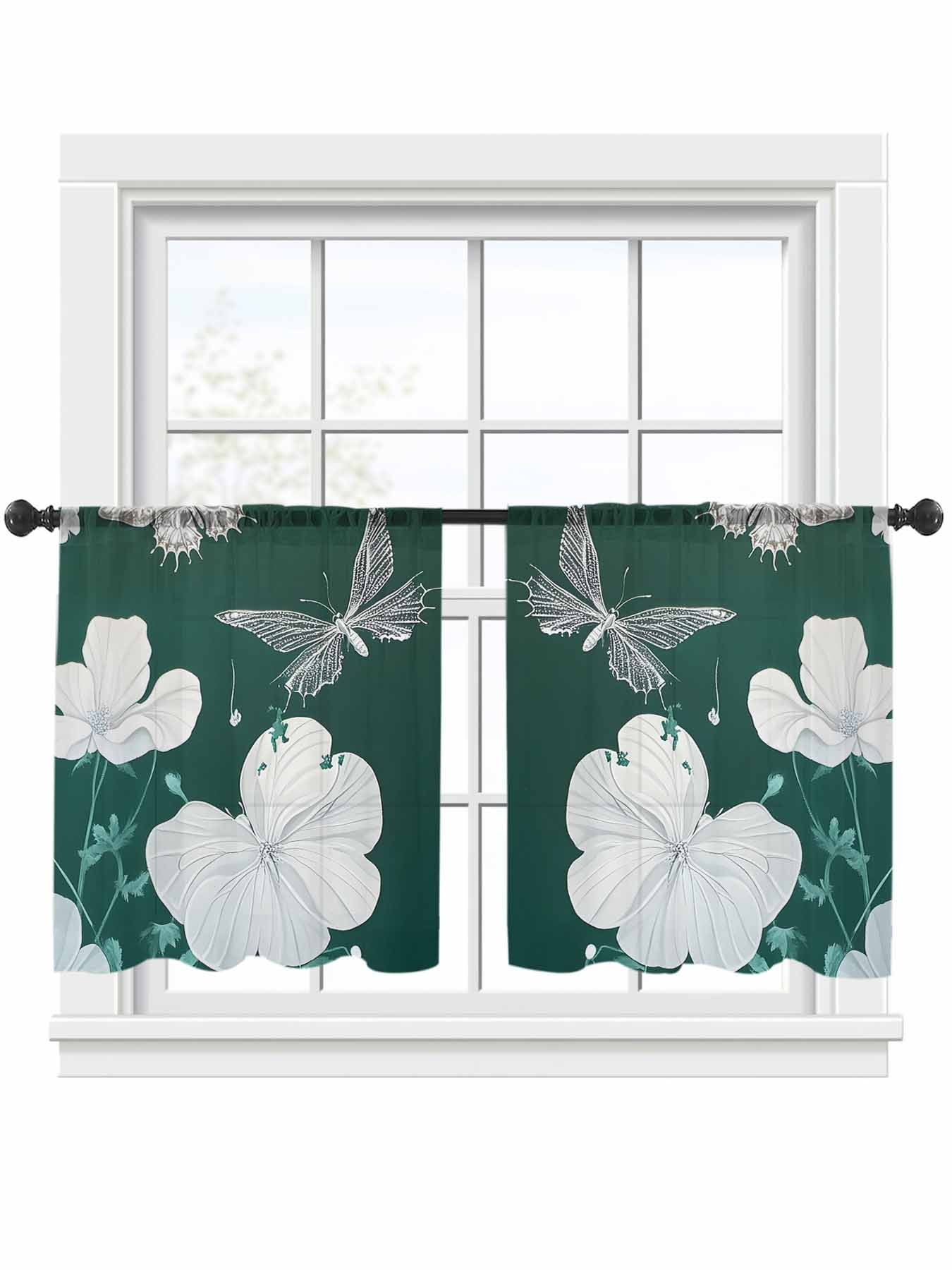 Butterfly Flower Sheer Curtains 2 Panels Set Spring White Floral Green ...