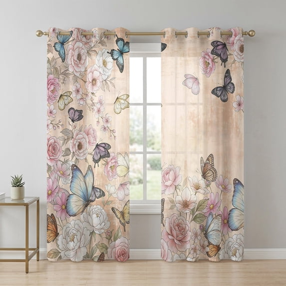 Butterfly Flower Sheer Curtains 63 Inch Long 2 Panels, Vintage Pink ...