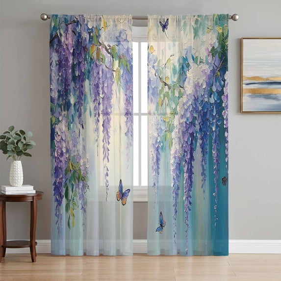Butterfly Flower Sheer Curtains 96 Inch Length 2 Panels Set, Abstract ...