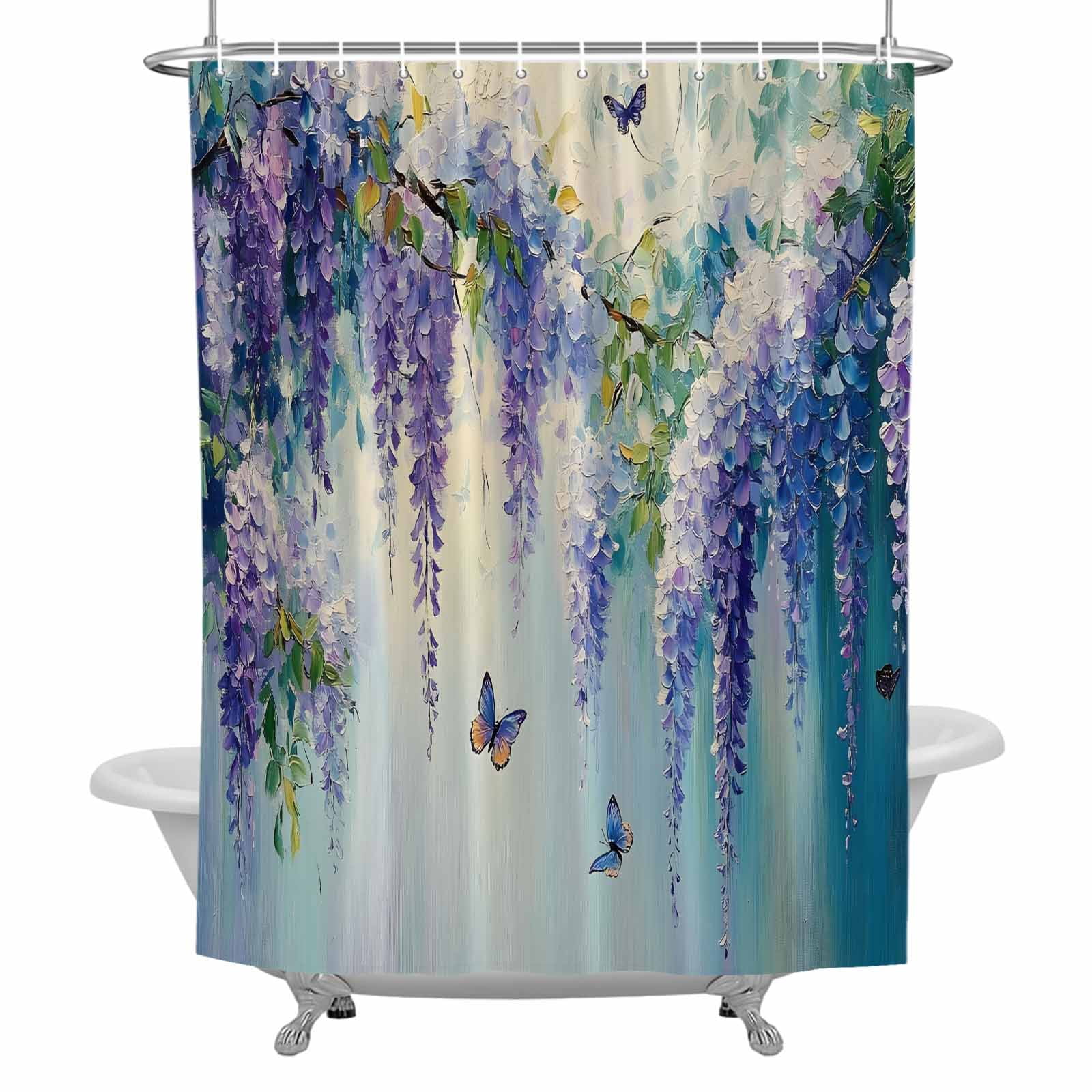 Butterfly Flower Shower Curtain for Bathroom, Purple Floral Spring Vine ...