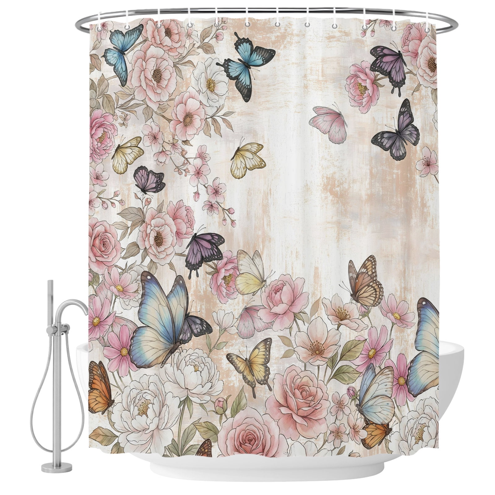 Butterfly Flower Shower Curtain for Bathroom, Watercolor Light Pink ...