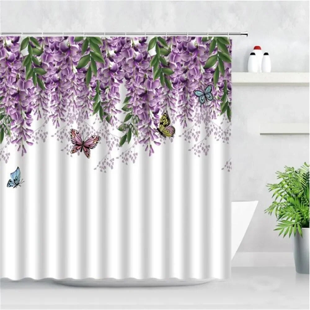 Butterfly Flower Shower Curtain Purple Floral Lavender Vine Watercolor ...