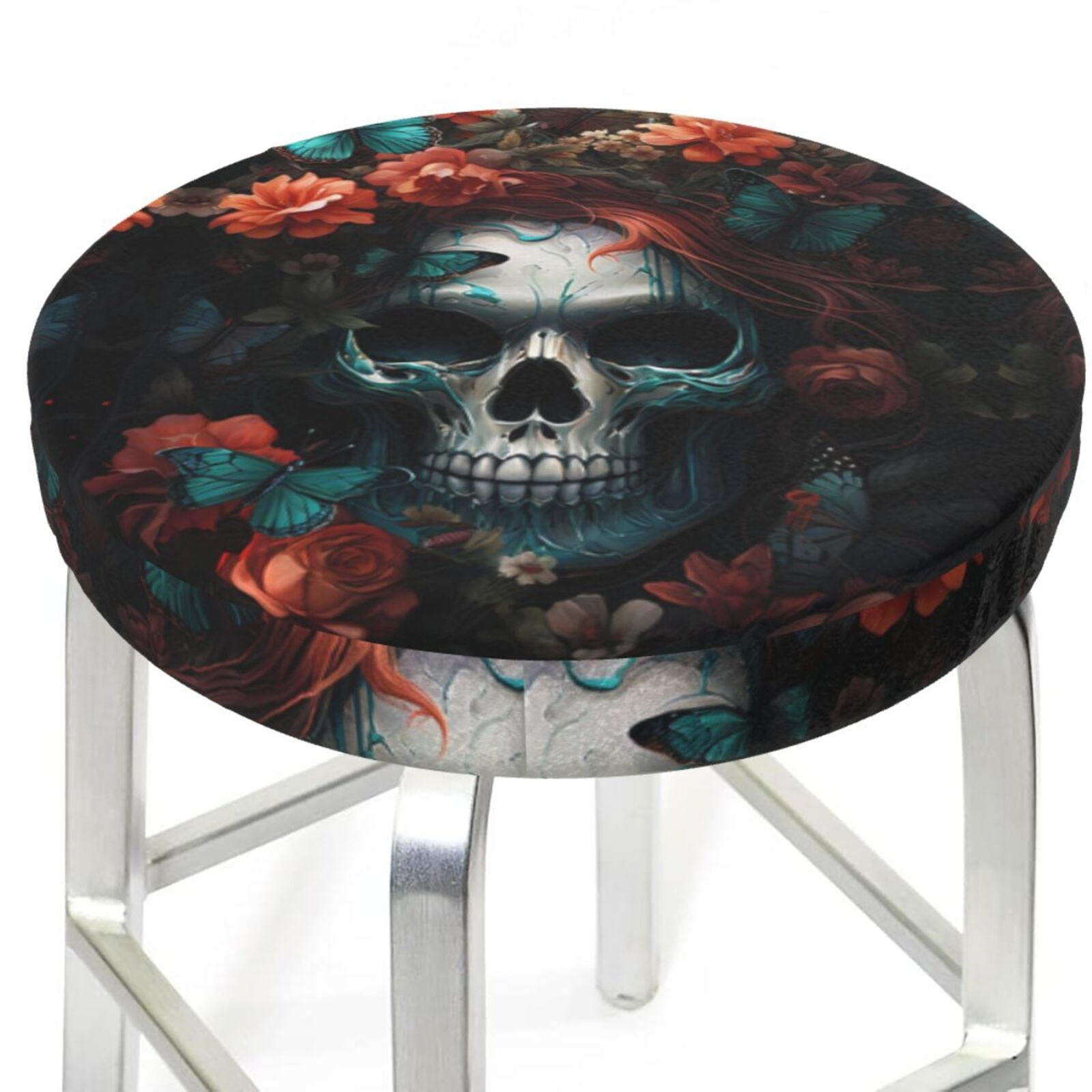 Butterfly Flower Skull Bar Stool Covers, Non-Slip Washable Bar Stool ...