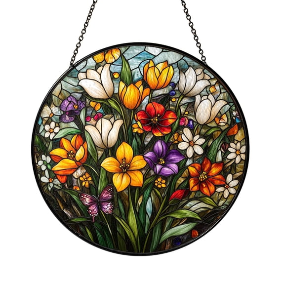 Butterfly and Flower Stained Glass Style Window Suncatcher Hanging ...