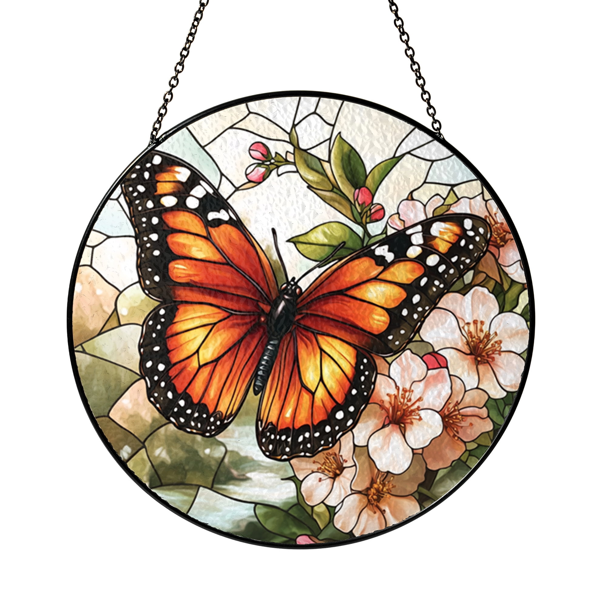 Butterfly Flower Stained Glass Suncatcher – Round Decorative Window Art ...