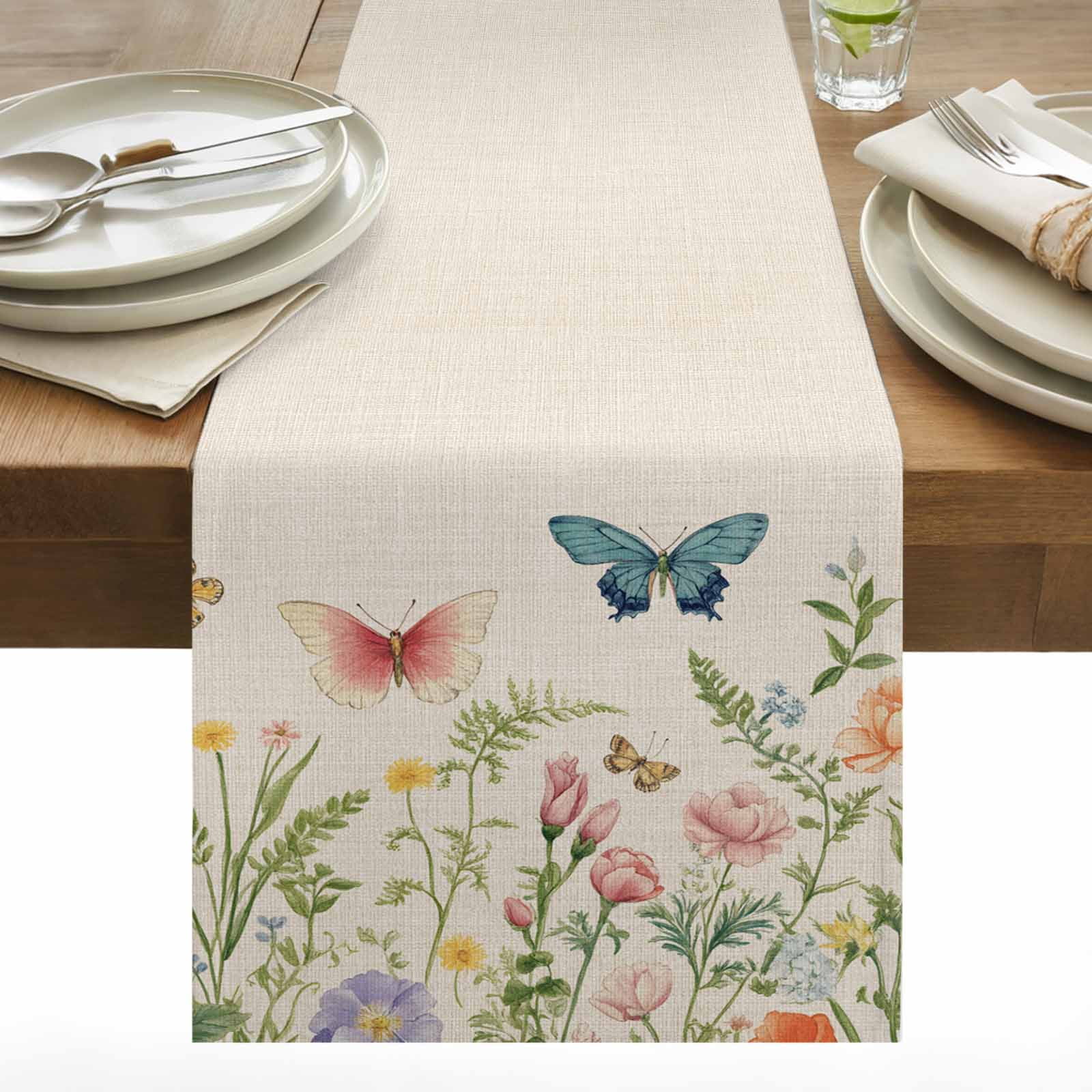 Butterfly Flower Table Runner 13x48 inch Spring Floral Retro Cotton ...