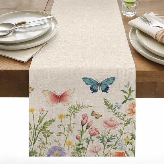 Butterfly Flower Table Runner 13x48 inch Spring Floral Retro Cotton ...