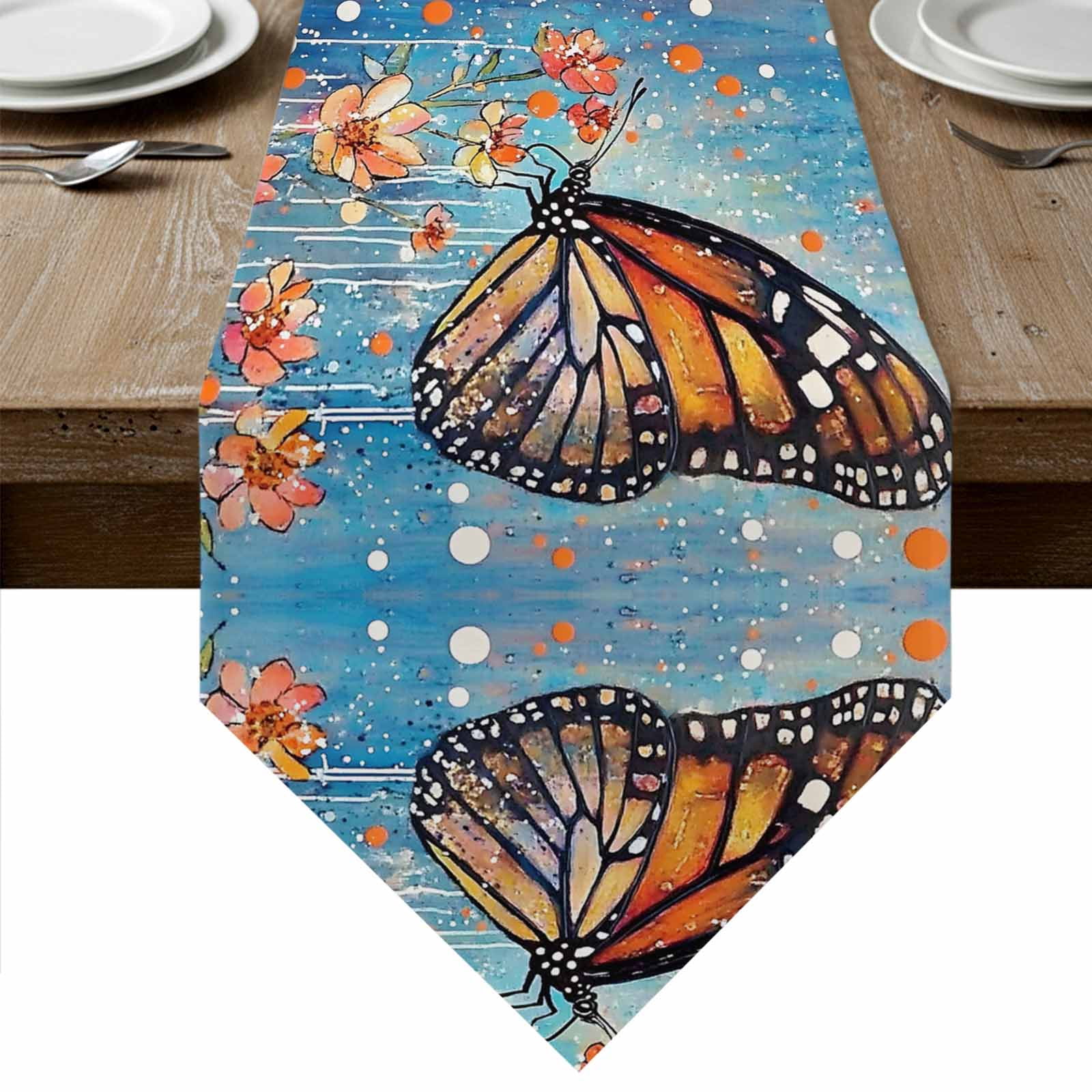 Butterfly Flower Table Runner Linen Burlap Table Runner 48 Inches Long ...